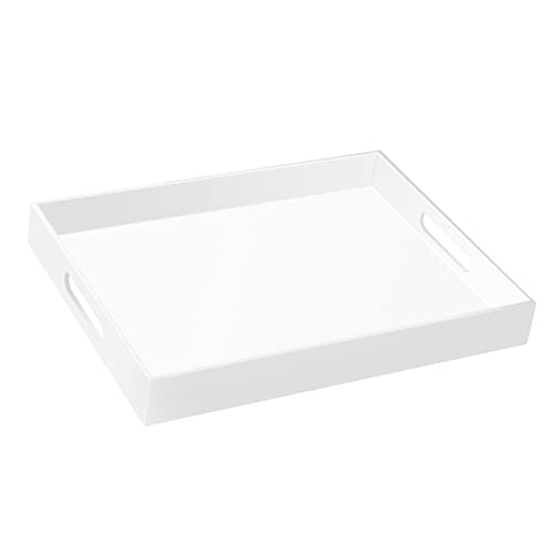 MIKINEE 12×16 Inches Glossy White Acrylic Serving Tray with Handles Ottoman Tray Decorative Tray Spill-Proof Water-Proof Coffee Table Space Saver Countertop Organizer Platter with Safe Edge