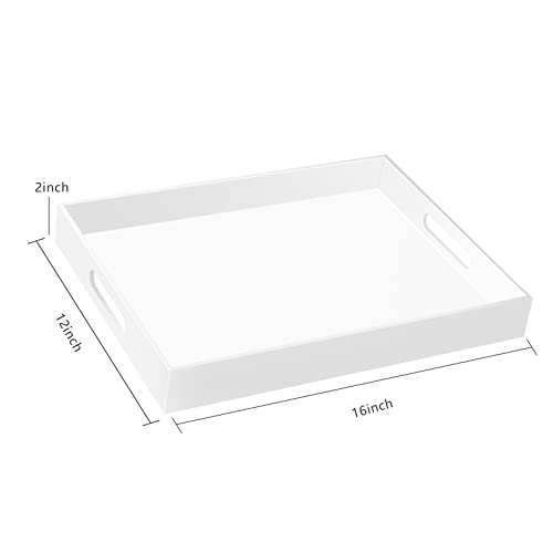 MIKINEE 12×16 Inches Glossy White Acrylic Serving Tray with Handles Ottoman Tray Decorative Tray Spill-Proof Water-Proof Coffee Table Space Saver Countertop Organizer Platter with Safe Edge