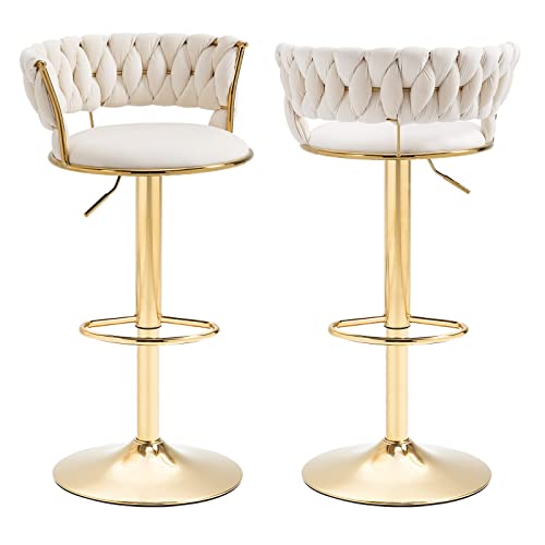 KINFFICT Velvet Swivel Bar Stools Set of 2, Adjustable Counter Height Bar Stool with Woven Back, Upholstered Kitchen Dining Chairs, Modern Barstools for Kitchen Island, Cafe, Pub, Bar Counter(Ivory)