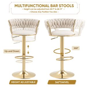 KINFFICT Velvet Swivel Bar Stools Set of 2, Adjustable Counter Height Bar Stool with Woven Back, Upholstered Kitchen Dining Chairs, Modern Barstools for Kitchen Island, Cafe, Pub, Bar Counter(Ivory)