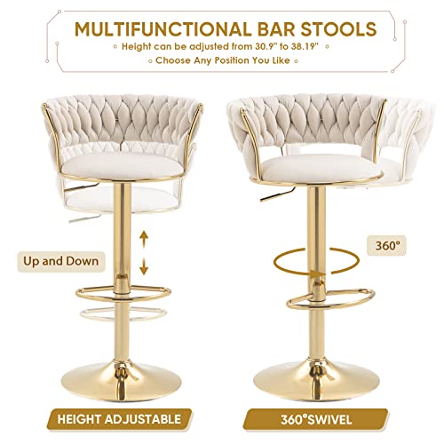 KINFFICT Velvet Swivel Bar Stools Set of 2, Adjustable Counter Height Bar Stool with Woven Back, Upholstered Kitchen Dining Chairs, Modern Barstools for Kitchen Island, Cafe, Pub, Bar Counter(Ivory)