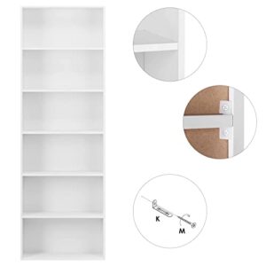 6 Tier Bookcase Freestanding Display Rack Wood-Look Bookshelf Open Shelf Storage Rack for Home Office - White, 23.6 x 9.25 x 70.8 in