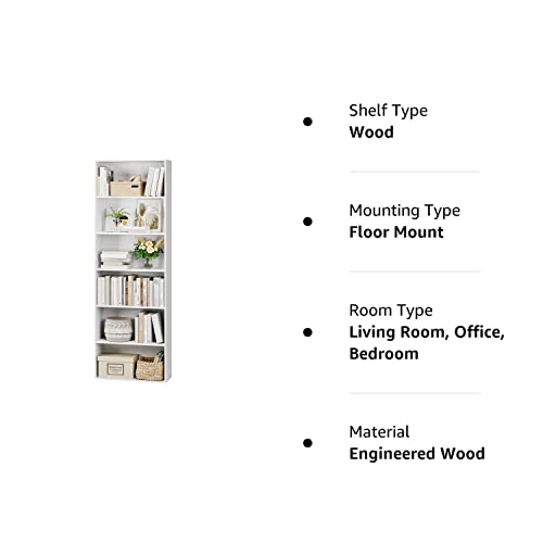 6 Tier Bookcase Freestanding Display Rack Wood-Look Bookshelf Open Shelf Storage Rack for Home Office - White, 23.6 x 9.25 x 70.8 in