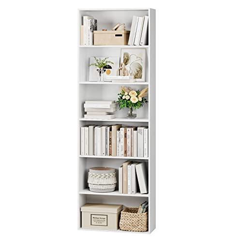 6 Tier Bookcase Freestanding Display Rack Wood-Look Bookshelf Open Shelf Storage Rack for Home Office - White, 23.6 x 9.25 x 70.8 in