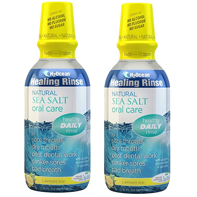 2 Pack H2Ocean Healing Rinse Mouthwash- Great Tasting Sea Salt & Xylitol Mouth Wash for Fresh Breath & Dry Mouth - Alcohol & Fluoride Free - Lemon Ice 16oz