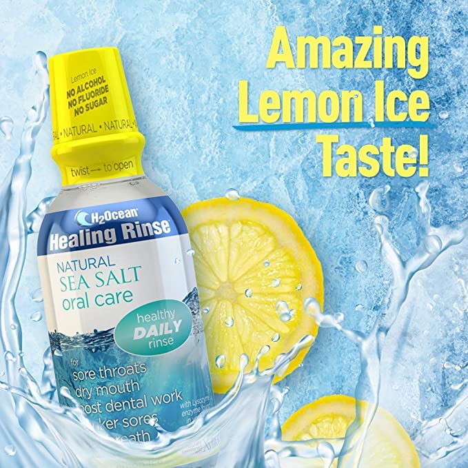 2 Pack H2Ocean Healing Rinse Mouthwash- Great Tasting Sea Salt & Xylitol Mouth Wash for Fresh Breath & Dry Mouth - Alcohol & Fluoride Free - Lemon Ice 16oz