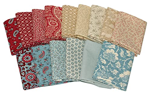 Fields 10 Fat Quarters - Assorted Moda French General France Calico Floral Flowers Red Pink Blue Cream Classic Reproduction Quality Quilters Cotton Fat Quarter Bundle FQs