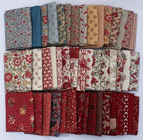 Fields 10 Fat Quarters - Assorted Moda French General France Calico Floral Flowers Red Pink Blue Cream Classic Reproduction Quality Quilters Cotton Fat Quarter Bundle FQs