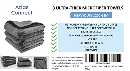 Atlas Connect 1200 GSM Ultra Thick Microfiber Towels for Cars, Soft Car Drying Towel for Washing, Polishing and Auto Detailing 16'' x 16'' (3 Pack)