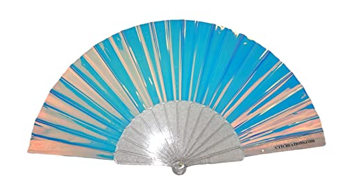 CTT CREATIONS CTT-Mini Folding Fan- 9 inches Tall 16 inches Wide- Hand Fan Clear Sparkly PVC -Pink and White Pure Electric - See Throught Light Material Fan for Events Rave Concert and Festival-