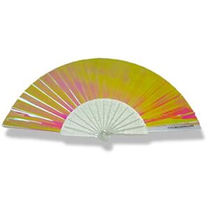 CTT CREATIONS CTT-Mini Folding Fan- 9 inches Tall 16 inches Wide- Hand Fan Clear Sparkly PVC -Pink and White Pure Electric - See Throught Light Material Fan for Events Rave Concert and Festival-