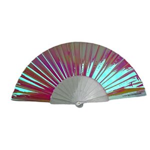 CTT CREATIONS CTT-Mini Folding Fan- 9 inches Tall 16 inches Wide- Hand Fan Clear Sparkly PVC -Pink and White Pure Electric - See Throught Light Material Fan for Events Rave Concert and Festival-