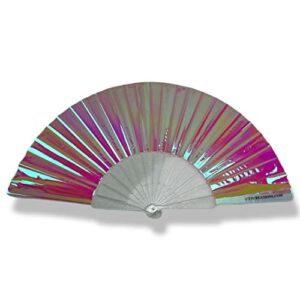 CTT CREATIONS CTT-Mini Folding Fan- 9 inches Tall 16 inches Wide- Hand Fan Clear Sparkly PVC -Pink and White Pure Electric - See Throught Light Material Fan for Events Rave Concert and Festival-