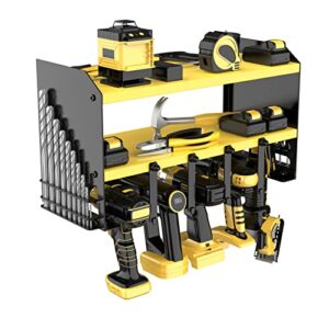 power tool organizer - 5 drill holder, extra large, cordless drill charging station, wall mount shelf with screwdriver holder, for small workshops - premium garage organization and storage