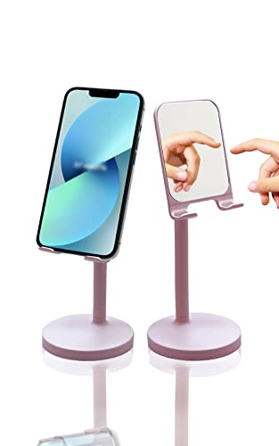 KN FLAX Cell Phone Stand with Mirror Mobile Phone and iPad Holder for Desk with Adjustable View Angle & Height, Handsfree Smart Phone Cradle, Dock for Office Kitchen Traveling Accessories - Pink