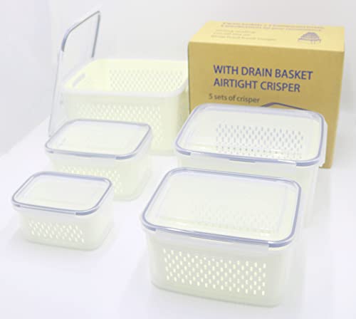 Set of 5 with Drain Basket Fruit Storage Containers , King Size to Mini Tall Airtight Fridge Fresh Produce organizer , used for food Frozen Vegetable and Salad， refrigerator veggie saver keeper