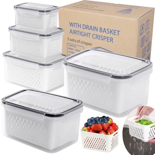 Set of 5 with Drain Basket Fruit Storage Containers , King Size to Mini Tall Airtight Fridge Fresh Produce organizer , used for food Frozen Vegetable and Salad， refrigerator veggie saver keeper