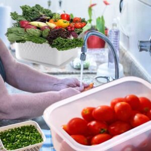 Set of 5 with Drain Basket Fruit Storage Containers , King Size to Mini Tall Airtight Fridge Fresh Produce organizer , used for food Frozen Vegetable and Salad， refrigerator veggie saver keeper