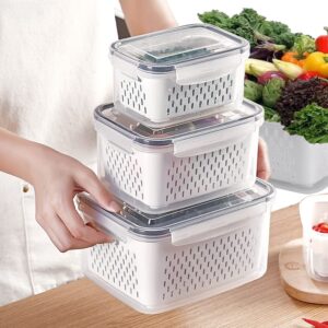 Set of 5 with Drain Basket Fruit Storage Containers , King Size to Mini Tall Airtight Fridge Fresh Produce organizer , used for food Frozen Vegetable and Salad， refrigerator veggie saver keeper