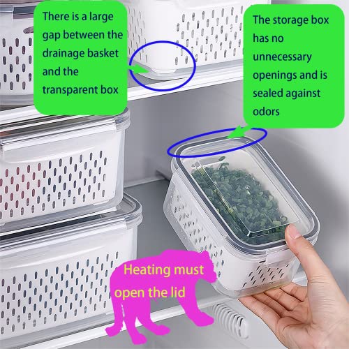 Set of 5 with Drain Basket Fruit Storage Containers , King Size to Mini Tall Airtight Fridge Fresh Produce organizer , used for food Frozen Vegetable and Salad， refrigerator veggie saver keeper