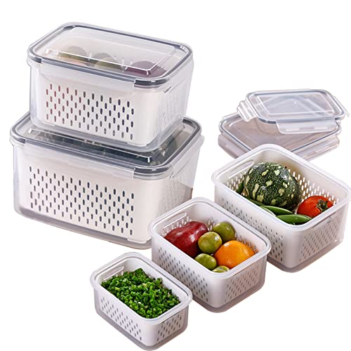 Set of 5 with Drain Basket Fruit Storage Containers , King Size to Mini Tall Airtight Fridge Fresh Produce organizer , used for food Frozen Vegetable and Salad， refrigerator veggie saver keeper