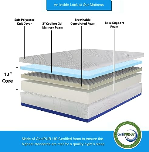 Irvine Home Collection Premium Queen Adjustable Bed Base with 12 Inch Gel Memory Foam Mattress