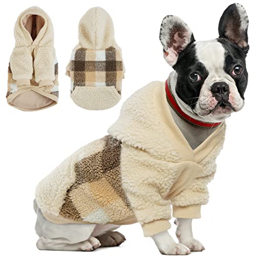 Duojoy Fleece Dog Hoodie Sweater, Coffee Buffalo Plaid Warm Dog Winter Clothes, Pullover Fuzzy Dog Clothes for Small Medium Dogs, Doggie Sweater Sweatshirt with Pockets-S