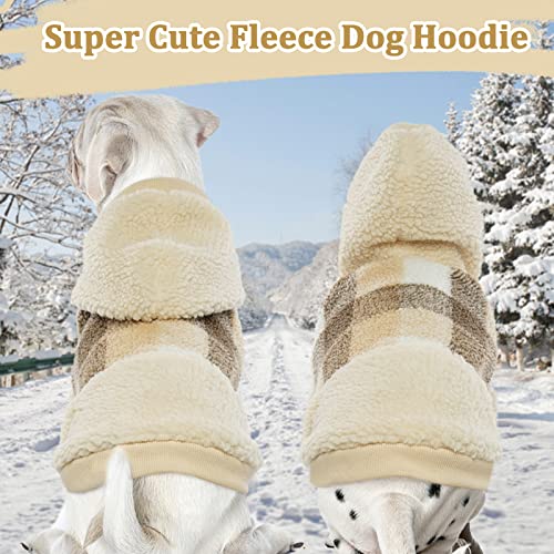 Duojoy Fleece Dog Hoodie Sweater, Coffee Buffalo Plaid Warm Dog Winter Clothes, Pullover Fuzzy Dog Clothes for Small Medium Dogs, Doggie Sweater Sweatshirt with Pockets-S