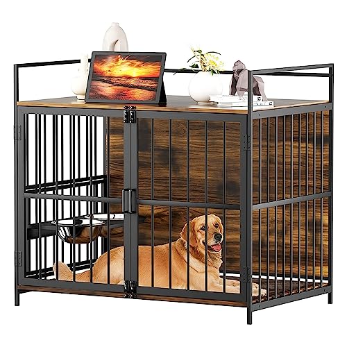 ROOMTEC Furniture Style Large Dog Crate with 360° & Adjustable Raised Feeder for Dogs with 2 Stainless Steel Bowls -End Table Dog House with Dog Pad (41Inch = Int.dims: 39.7" W x 22.4" D x 25.1" H)