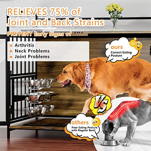 ROOMTEC Furniture Style Large Dog Crate with 360° & Adjustable Raised Feeder for Dogs with 2 Stainless Steel Bowls -End Table Dog House with Dog Pad (41Inch = Int.dims: 39.7" W x 22.4" D x 25.1" H)