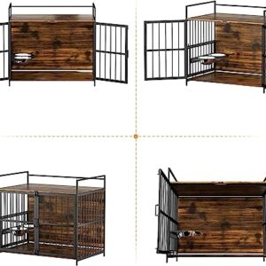 ROOMTEC Furniture Style Large Dog Crate with 360° & Adjustable Raised Feeder for Dogs with 2 Stainless Steel Bowls -End Table Dog House with Dog Pad (41Inch = Int.dims: 39.7" W x 22.4" D x 25.1" H)