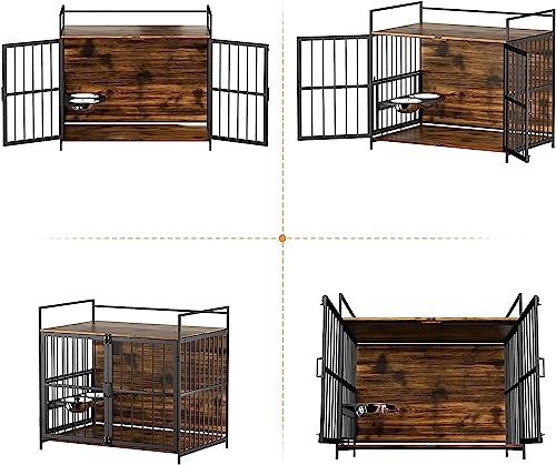 ROOMTEC Furniture Style Large Dog Crate with 360° & Adjustable Raised Feeder for Dogs with 2 Stainless Steel Bowls -End Table Dog House with Dog Pad (41Inch = Int.dims: 39.7" W x 22.4" D x 25.1" H)