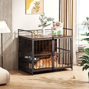 ROOMTEC Furniture Style Large Dog Crate with 360° & Adjustable Raised Feeder for Dogs with 2 Stainless Steel Bowls -End Table Dog House with Dog Pad (41Inch = Int.dims: 39.7" W x 22.4" D x 25.1" H)