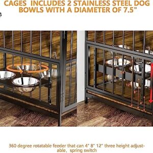 ROOMTEC Furniture Style Large Dog Crate with 360° & Adjustable Raised Feeder for Dogs with 2 Stainless Steel Bowls -End Table Dog House with Dog Pad (41Inch = Int.dims: 39.7" W x 22.4" D x 25.1" H)