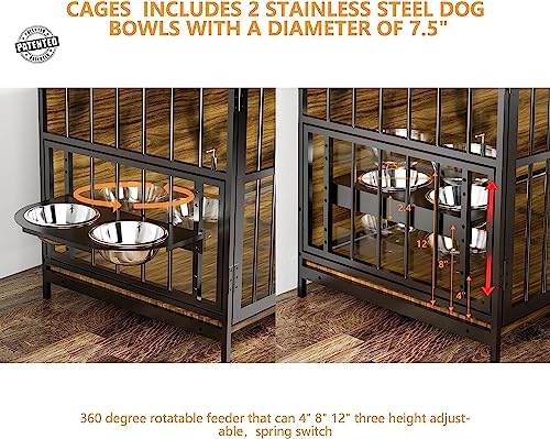 ROOMTEC Furniture Style Large Dog Crate with 360° & Adjustable Raised Feeder for Dogs with 2 Stainless Steel Bowls -End Table Dog House with Dog Pad (41Inch = Int.dims: 39.7" W x 22.4" D x 25.1" H)