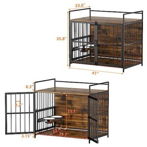 ROOMTEC Furniture Style Large Dog Crate with 360° & Adjustable Raised Feeder for Dogs with 2 Stainless Steel Bowls -End Table Dog House with Dog Pad (41Inch = Int.dims: 39.7" W x 22.4" D x 25.1" H)