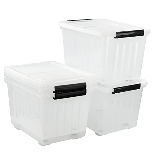 Bringer 30 L Clear Plastic Storage Box, 4-Pack Large Wheeled Storage Bin with lid