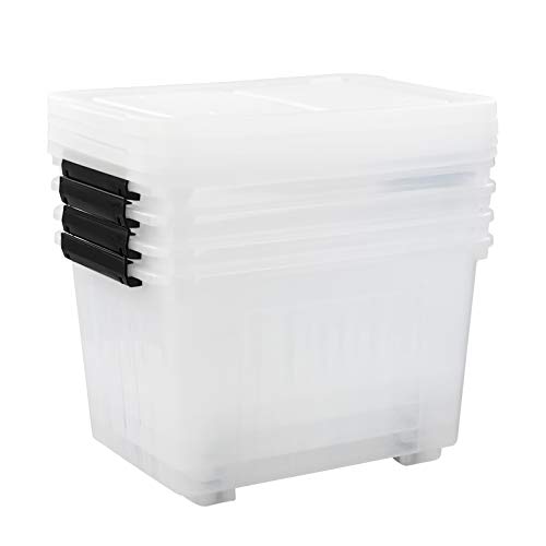 Bringer 30 L Clear Plastic Storage Box, 4-Pack Large Wheeled Storage Bin with lid