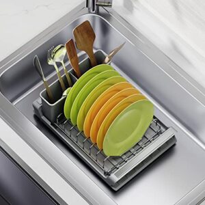 OROPY Small Dish Drying Rack Expandable Dish Rack Dish Drainer and Utensil Holder, Compact Stainless Steel Dish Drain for Kitchen Counter Cabinet (Grey)