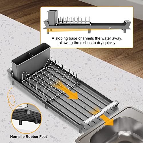 OROPY Small Dish Drying Rack Expandable Dish Rack Dish Drainer and Utensil Holder, Compact Stainless Steel Dish Drain for Kitchen Counter Cabinet (Grey)