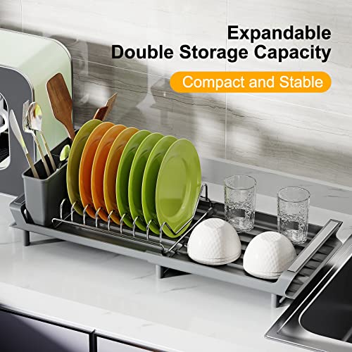 OROPY Small Dish Drying Rack Expandable Dish Rack Dish Drainer and Utensil Holder, Compact Stainless Steel Dish Drain for Kitchen Counter Cabinet (Grey)