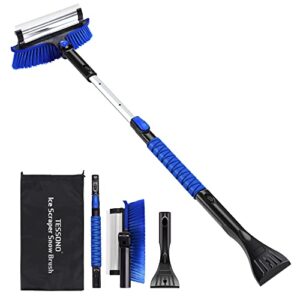 tessono ice scraper for car windshield, extendable snow brush with 270° pivoting brush head,3-in-1 car snow scraper and brush with ergonomic foam grip for car windshield, trucks, suvs (blue)