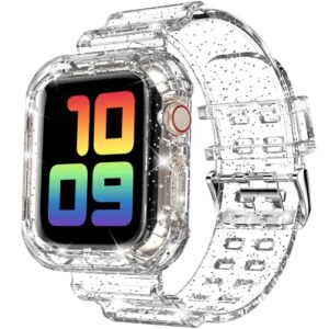 dabaoza compatible for clear apple watch band 45mm 44mm 42mm with case, women girl glitter bling crystal strap and bumper for iwatch band se series 8/7/6/5/4/3/2/1(glitter clear, 45mm/44mm/42mm)