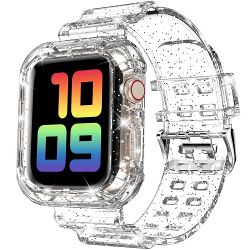 DABAOZA Compatible for Clear Apple Watch Band 45mm 44mm 42mm with Case, Women Girl Glitter Bling Crystal Strap and Bumper for iWatch Band SE Series 8/7/6/5/4/3/2/1(Glitter Clear, 45mm/44mm/42mm)