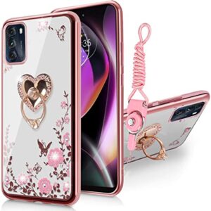 B-wishy for Moto G Stylus 5G 2022 Case for Women, Glitter Crystal Butterfly Heart Floral Slim TPU Luxury Bling Cute Protective Cover with Kickstand+Strap for Stylus 5G 2022