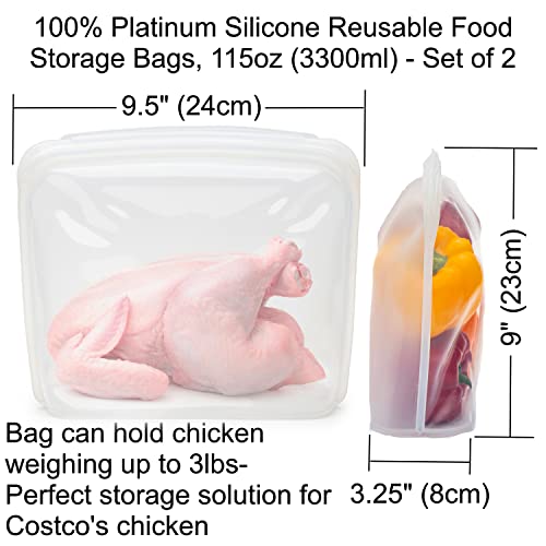 Elkanah 2 Extra Large-116Oz Stand Up 100% Food Grade Silicone Reusable Storage Bag Gallon Freezer Bags Silicone Bags for Food Storage Bag-Leakproof, Microwave, Oven, Sous Vide & Dishwasher safe-Clear