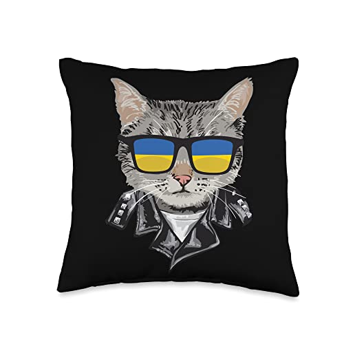 Funny Ukraine Cat Gift for Men & Women Ukraine Flag Sunglasses-Cool Ukrainian Cat Throw Pillow, 16x16, Multicolor