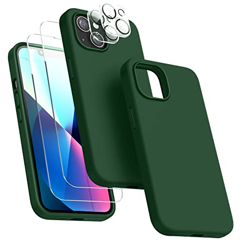 Dssairo [5 in 1 for iPhone 13 Mini Case, with 2 Pack Screen Protector + 2 Pack Camera Lens Protector, Liquid Silicone Ultra Slim Shockproof Protective Phone Case 5.4 inch (Alpine Green)……