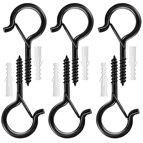 Screw Hooks for Hanging, 6 Packs Safety Buckle Design Q-Hanger for Outdoor String Lights, Outdoor Hooks for Hanging Plants Windproof Cup Hooks for Wind Chime and Baskets, Black