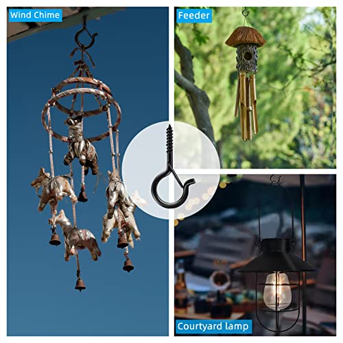 Screw Hooks for Hanging, 6 Packs Safety Buckle Design Q-Hanger for Outdoor String Lights, Outdoor Hooks for Hanging Plants Windproof Cup Hooks for Wind Chime and Baskets, Black